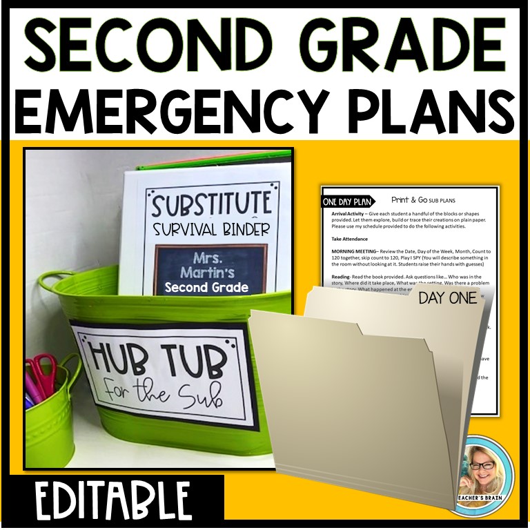 Emergency Sub Plans Second GRADE (TEN DAYS) Editable - Teacher's Brain