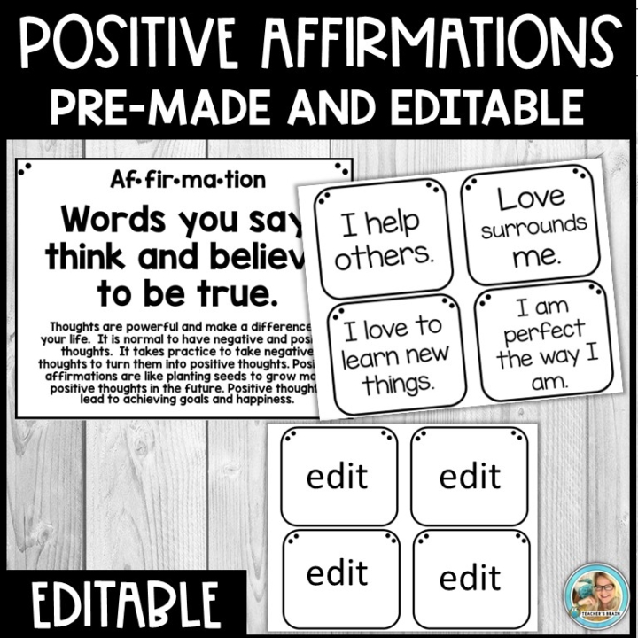 Positive Affirmations Mirror Black and White Cards | EDITABLE - Teacher ...