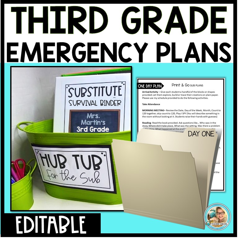 Emergency SUB Plans 3rd GRADE | Editable | TEN DAYS of PLANS - Teacher ...