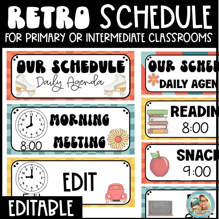 Classroom Daily Visual Schedule EDITABLE Cards | RETRO GROOVY Calm ...