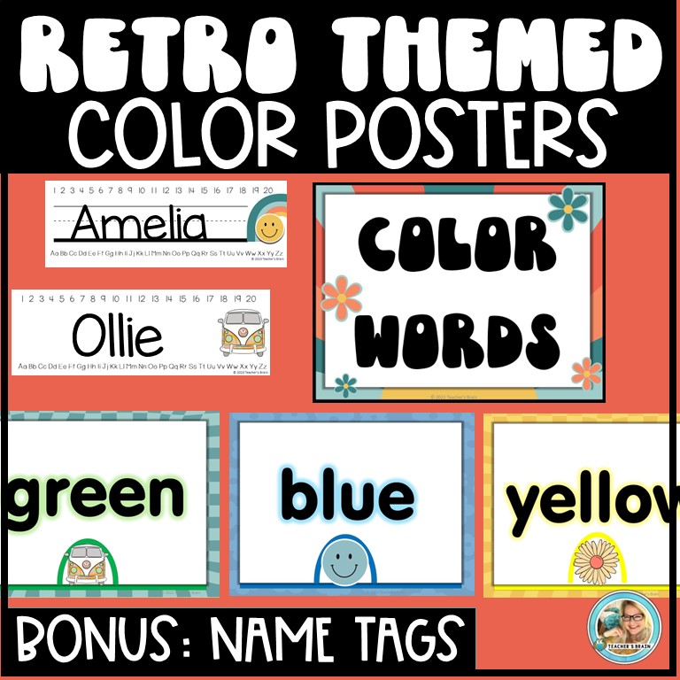 Color Word POSTER RETRO GROOVY Classroom Decor Set | Name Tags ...