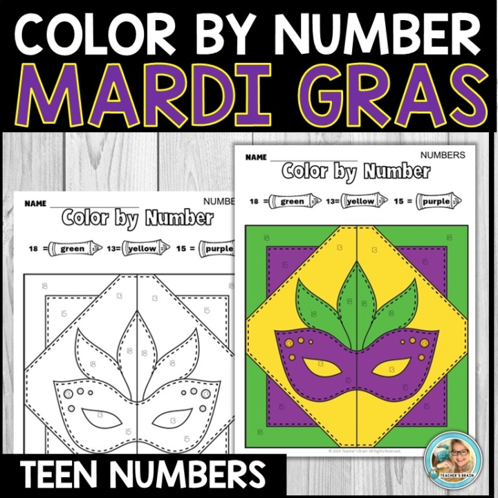 Mardi Gras Math Color by Teen Number | Kindergarten | First Grade ...